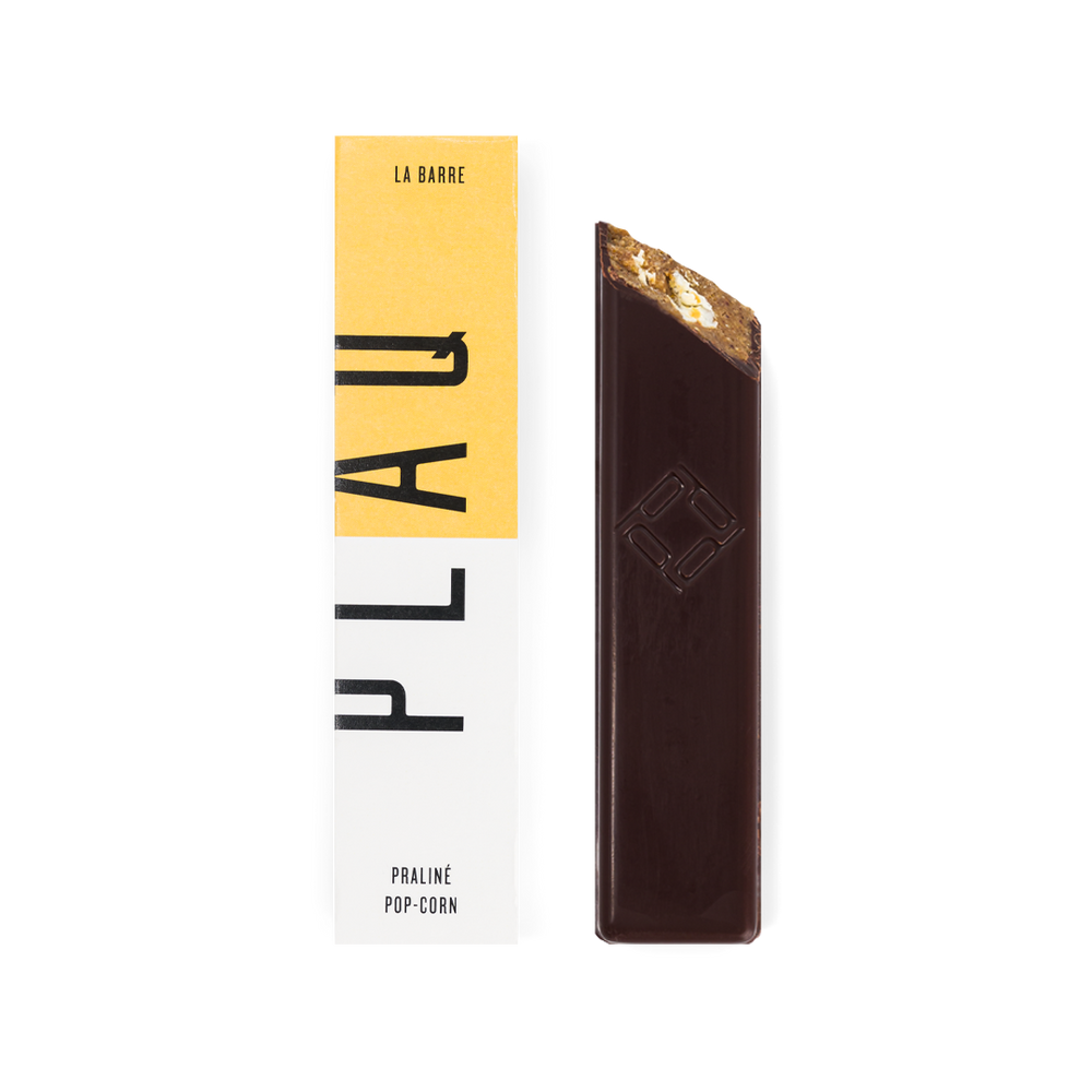 Barre de chocolat noir praliné pop corn | PLAQ Chocolat